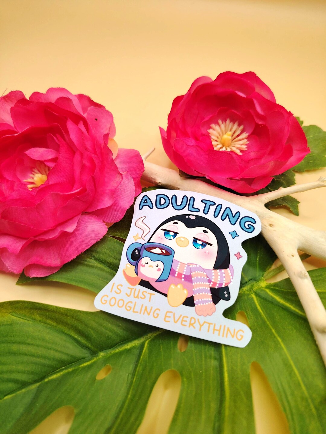 Relatable Penguin Sticker 'adulting is Just Googling Everything' (blue ...