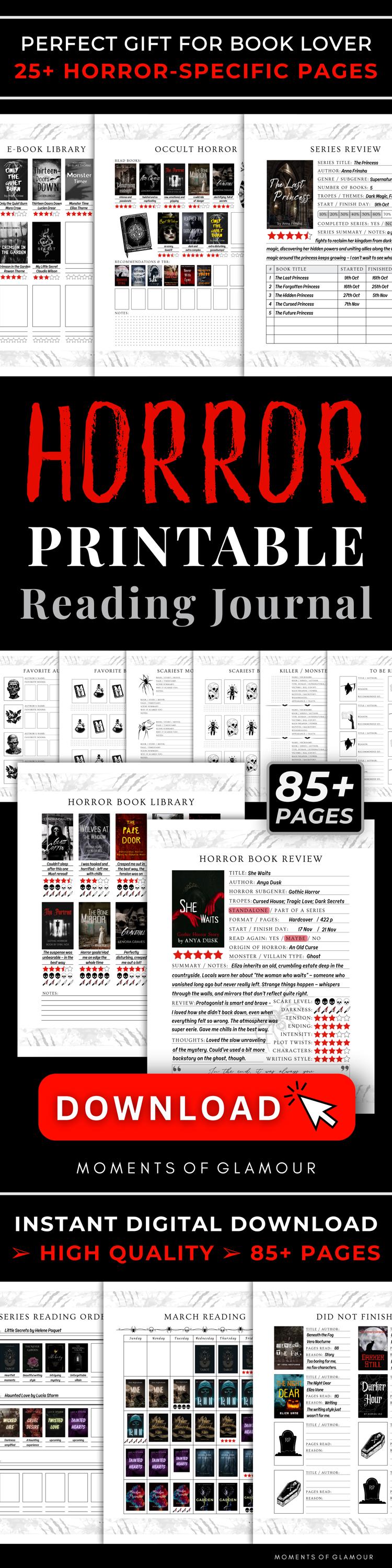Horror Printable Reading Log Book Tracker Template for Journaling ...
