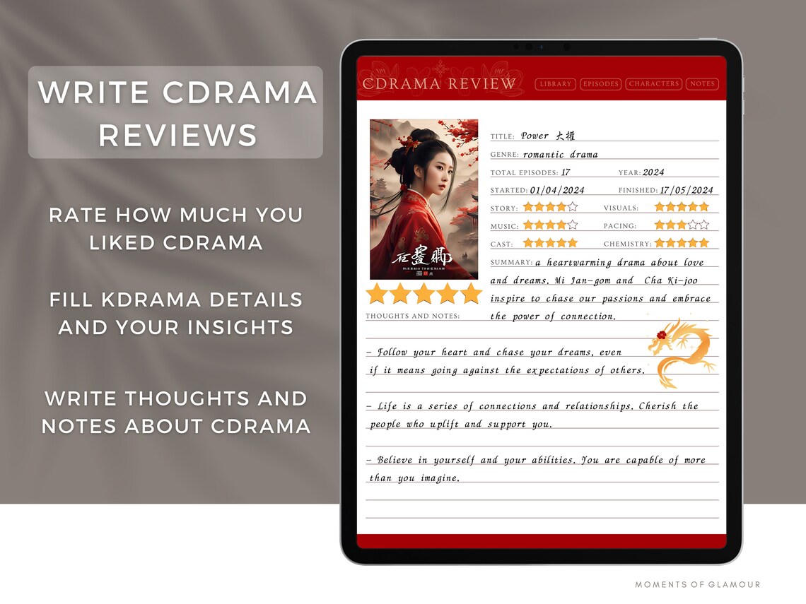C Drama Tracker for Tv Series Logging Cdrama Diary for Favorite Drama Logbook Digital Chinese ...