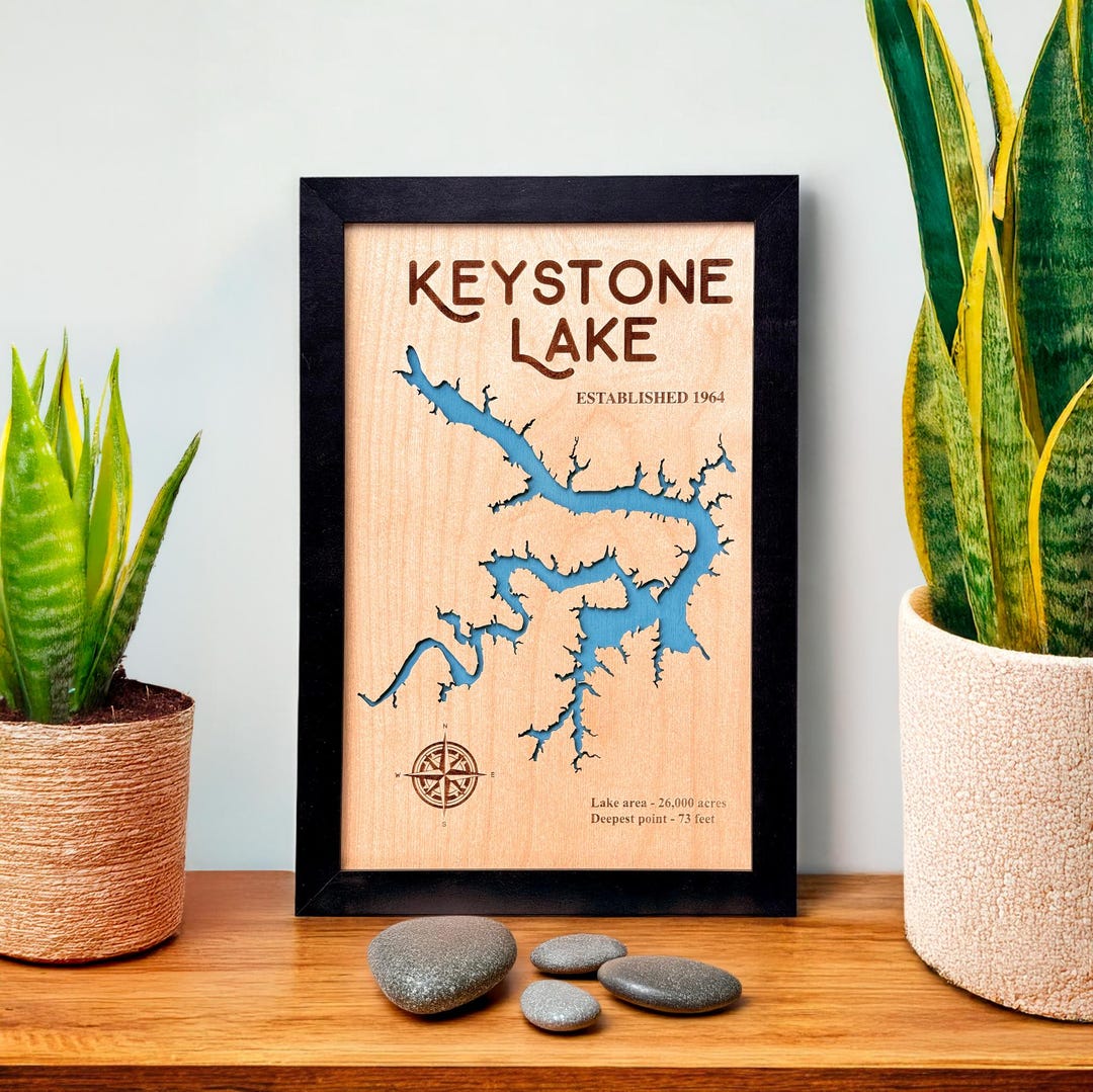 Keystone Lake Map Wall Art – Oklahoma Lake Map, Wood Engraved Lake ...