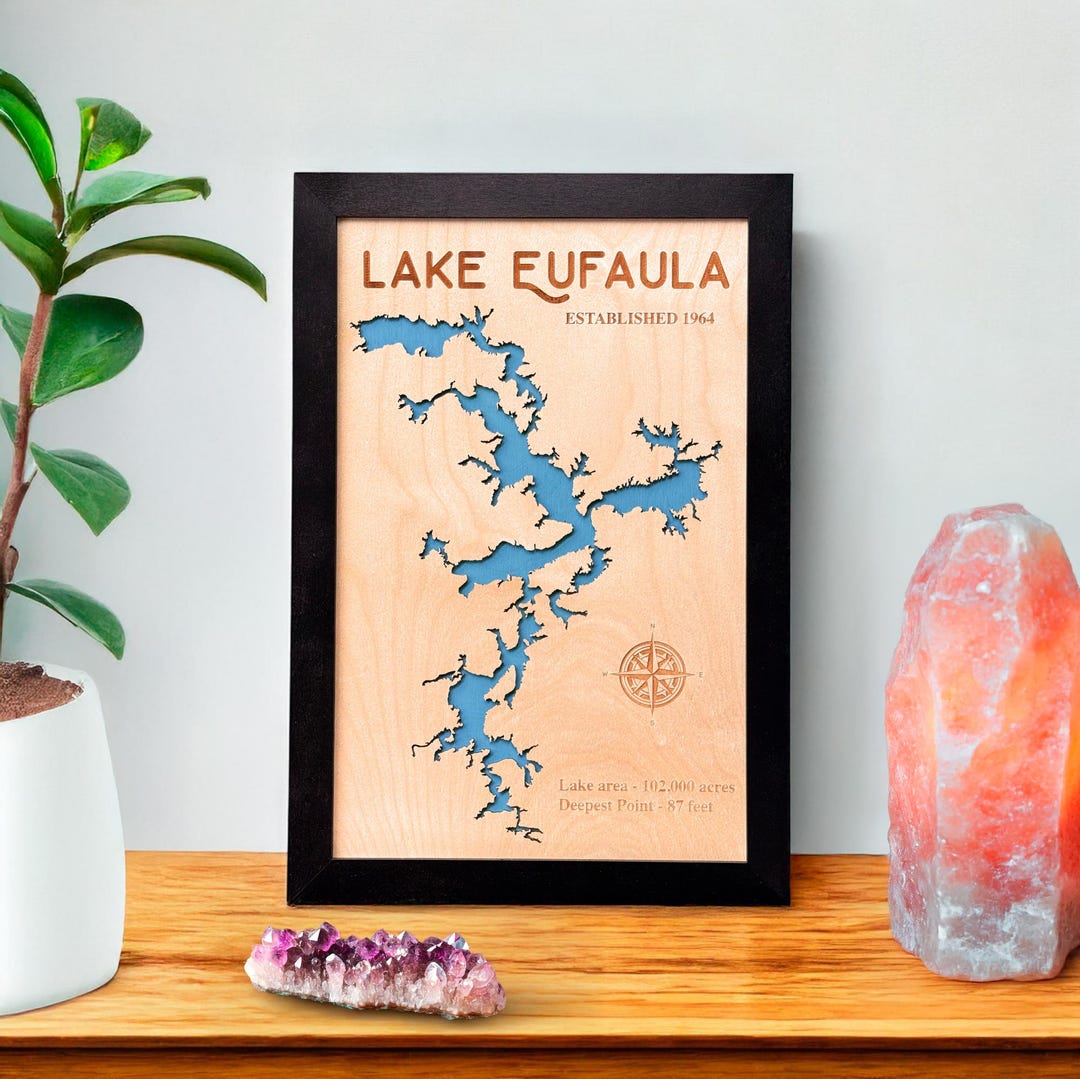 Lake Eufaula Map Wall Art – Oklahoma Lake Map, Wood Engraved Lake Depth ...