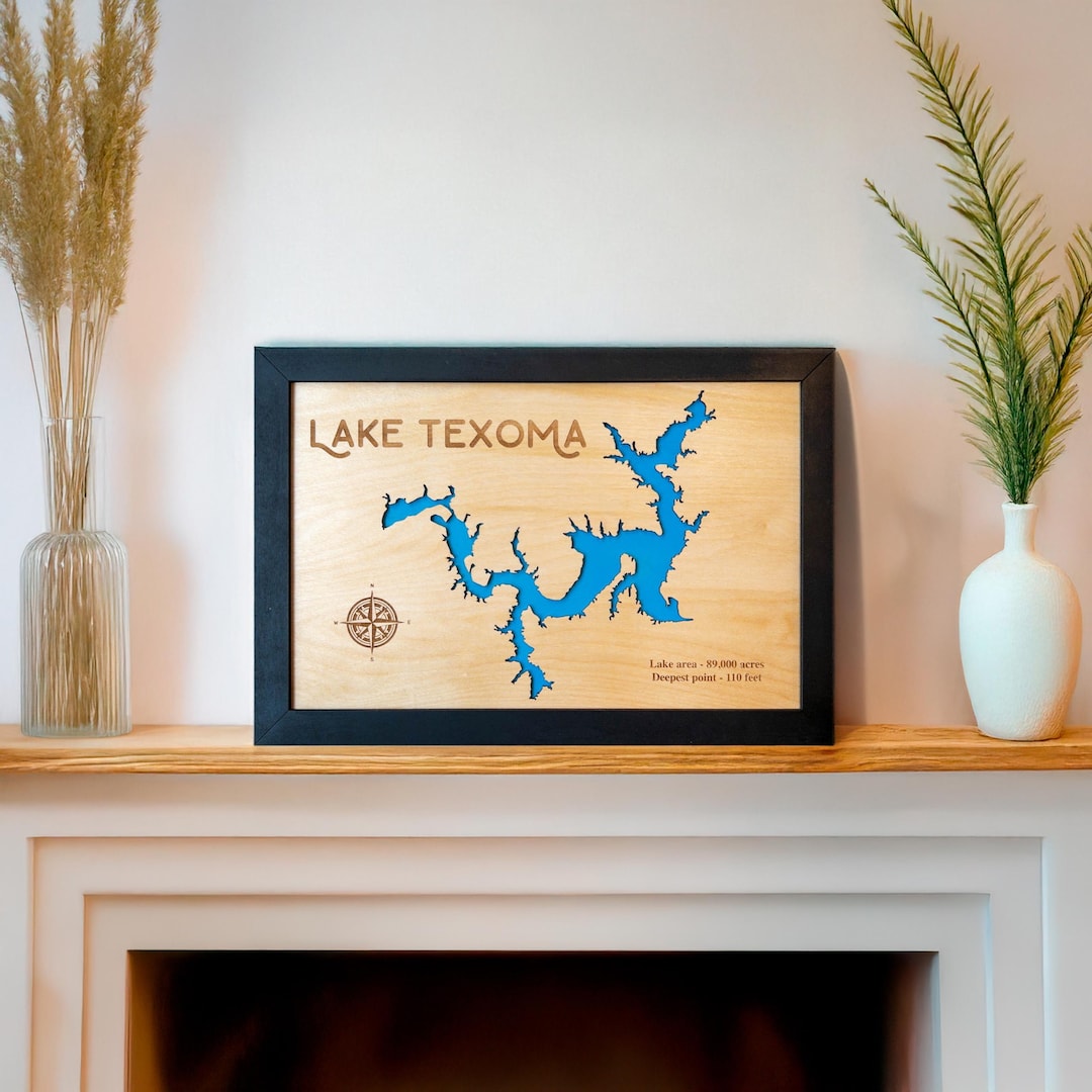 Lake Texoma Map Wall Art – Oklahoma & Texas Lake Map, Wood Engraved ...