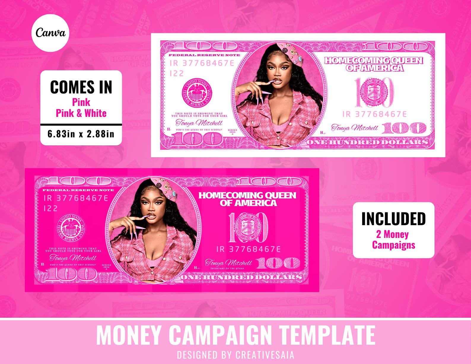 Homecoming Queen Money Campaign Template | Pink Prop Money (digital ...