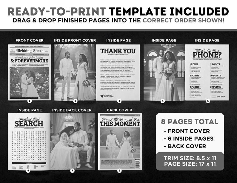 Customizable Newspaper Wedding Magazine Program | DIY 8 Page Booklet ...