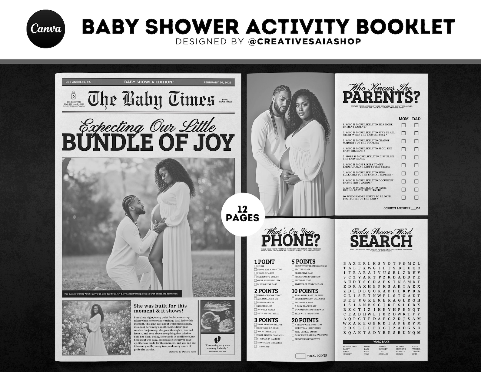 Newspaper Baby Shower Activity Booklet | DIY Magazine (digital Download ...