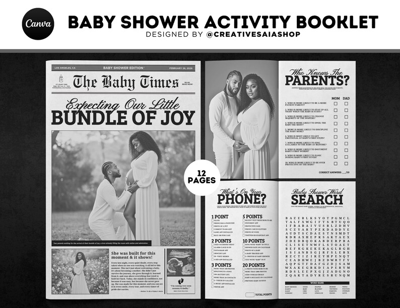 Newspaper Baby Shower Activity Booklet | DIY Magazine (digital Download ...