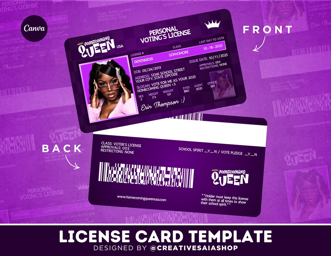 Homecoming Queen License Card Template | Customizable DIY (canva) - Etsy