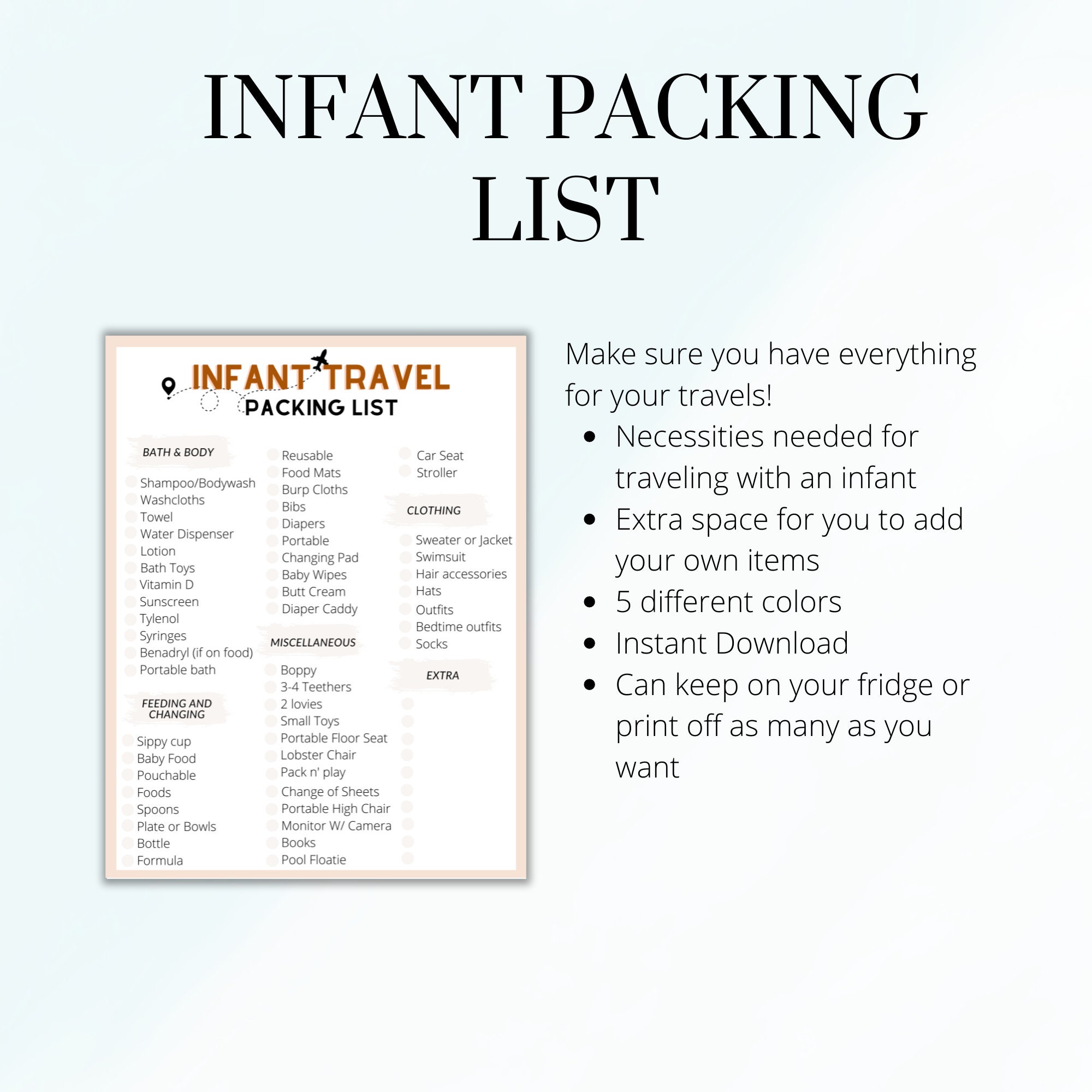Infant Packing List, Travel List, Infant Travel, Checklist, Instant ...