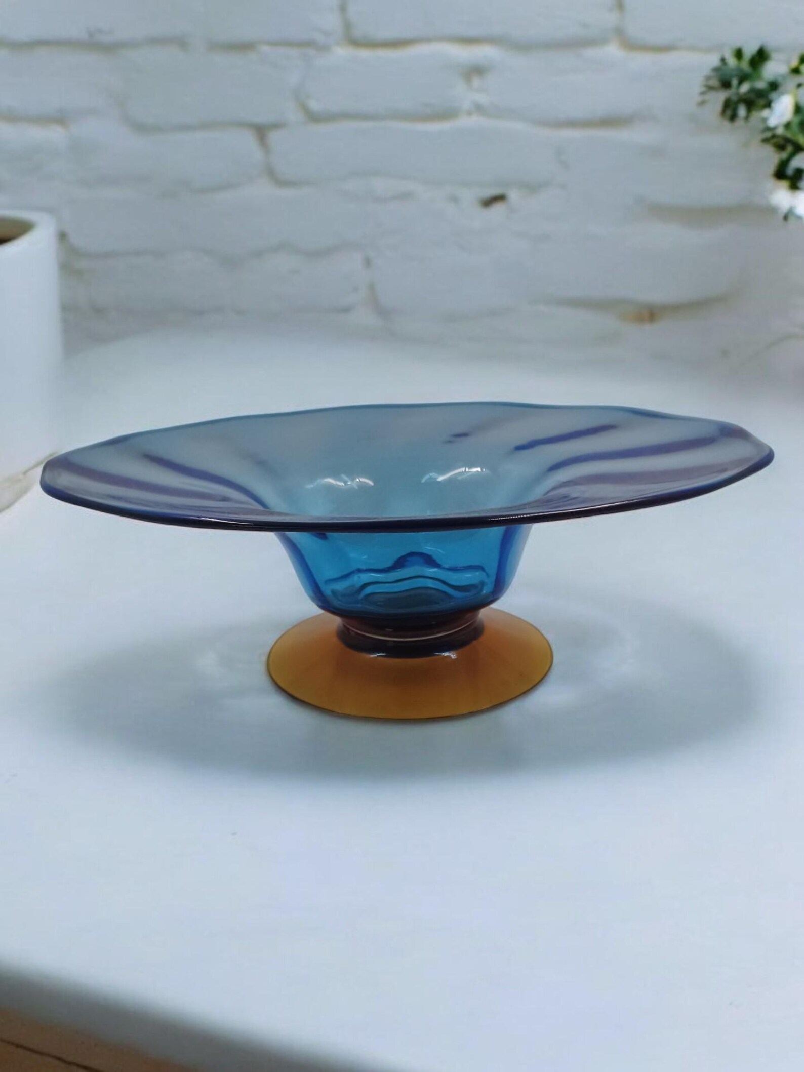Vintage Blenko Azure/topaz Glass Footed Console Bowl 5.5t X 14l X 6.5W ...