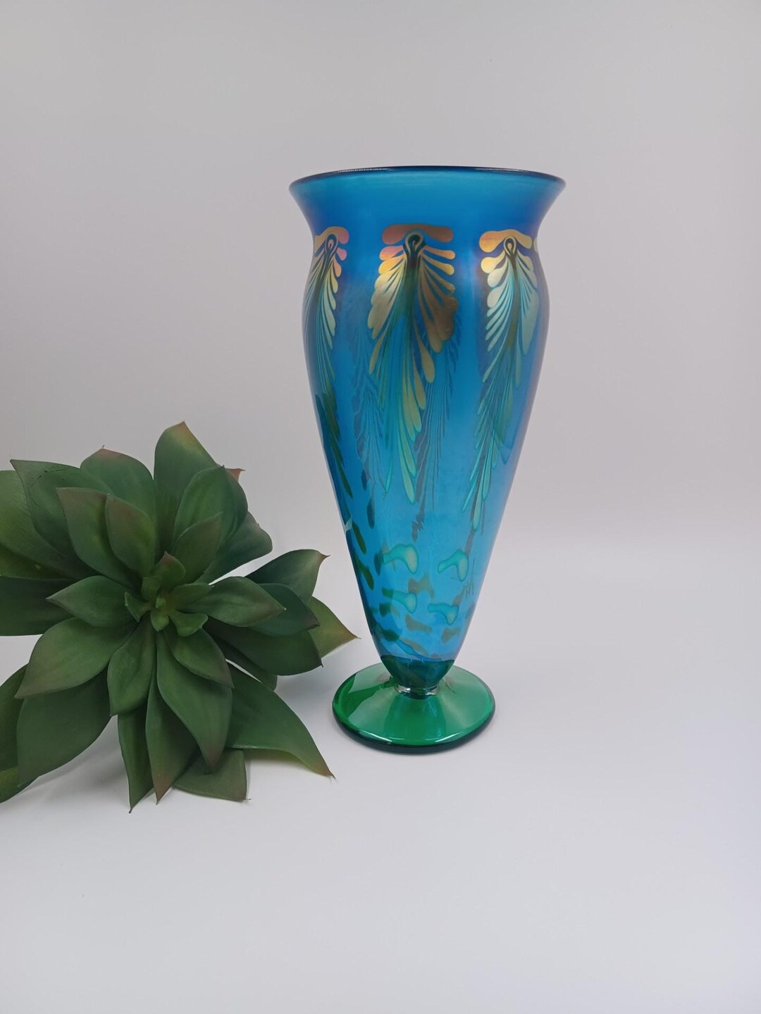 Vintage Blue & Green Iridescent Signed Rick Strini Glass Vase 10t X 4 ...