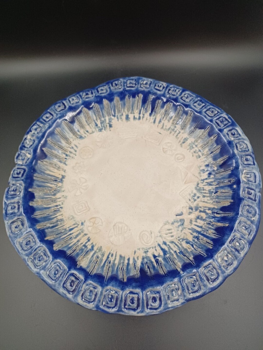 Vintage Blue & White Engraved Pottery Plate Signed Judy Todd 1.5t X 11 ...