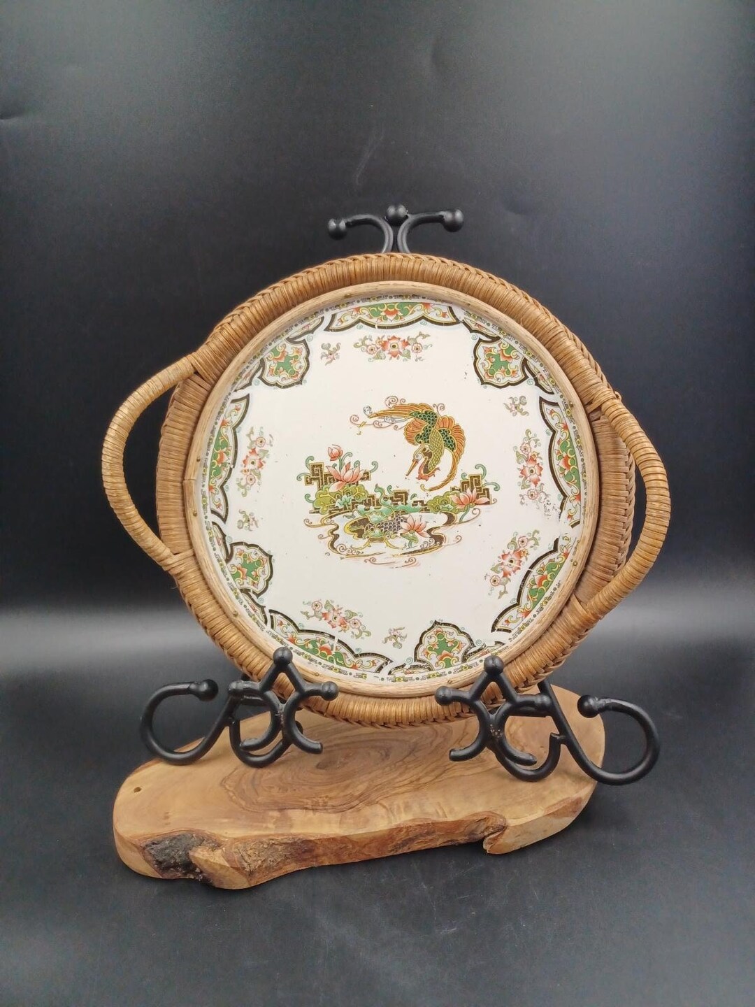 Vintage Ceramic Asian Themed Tile Cased in Rattan Pot Holder/tray W ...