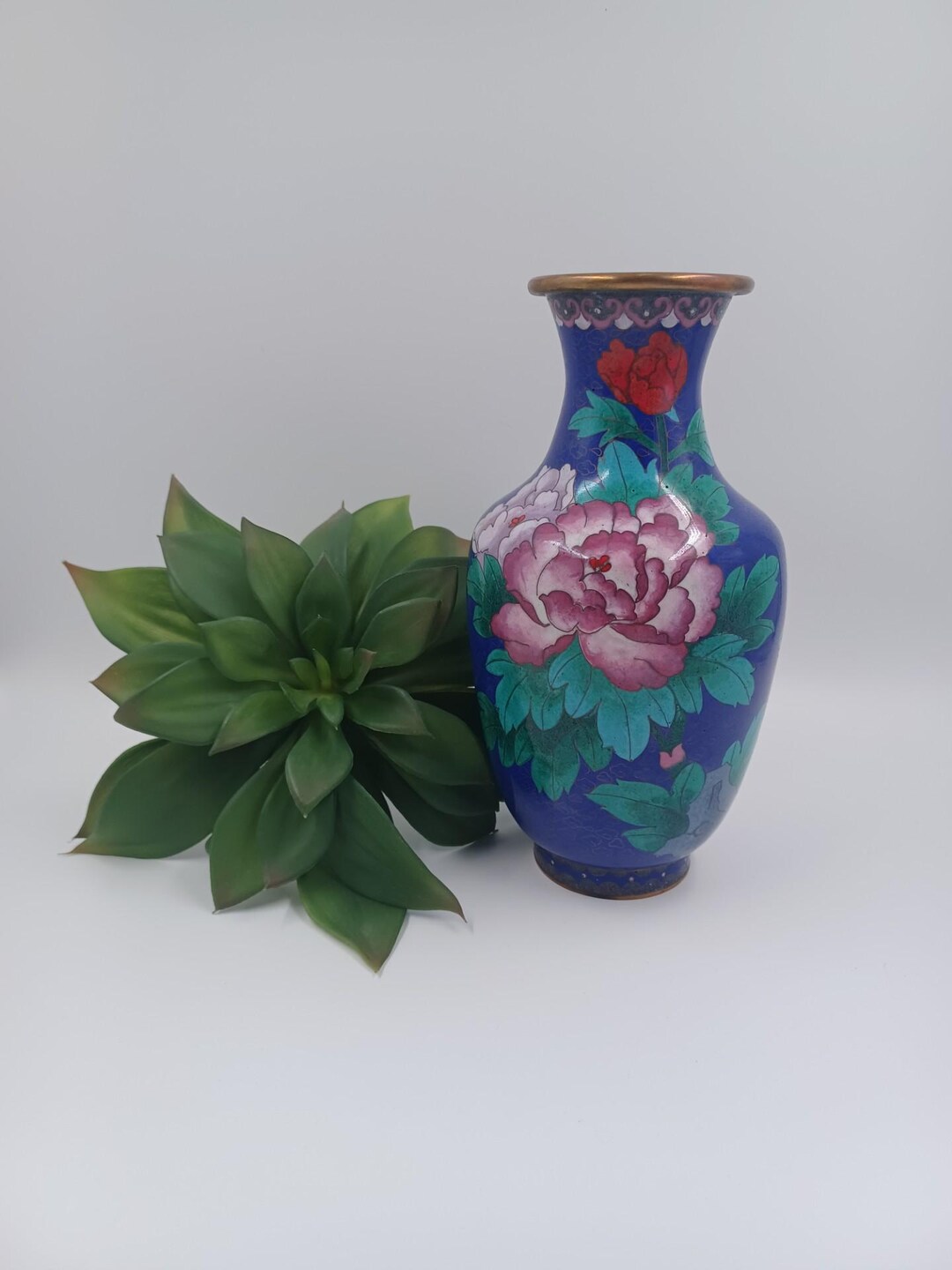 Vintage Jingfa Cloisonne Cobalt Blue Vase W/ Floral & Bird Motif - 9.25 ...