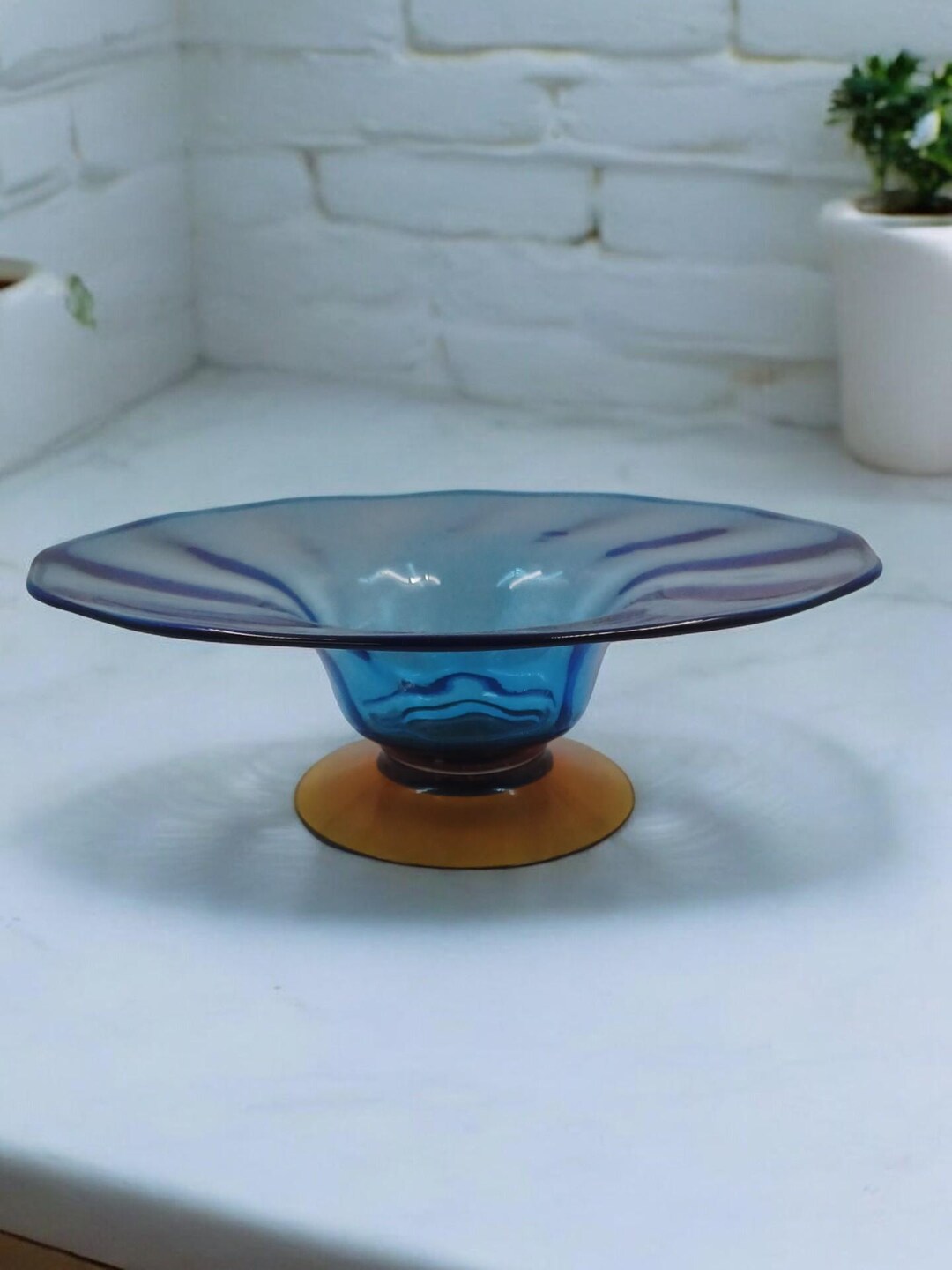 Vintage Blenko Azure/topaz Glass Footed Console Bowl 5.5t X 14l X 6.5W ...