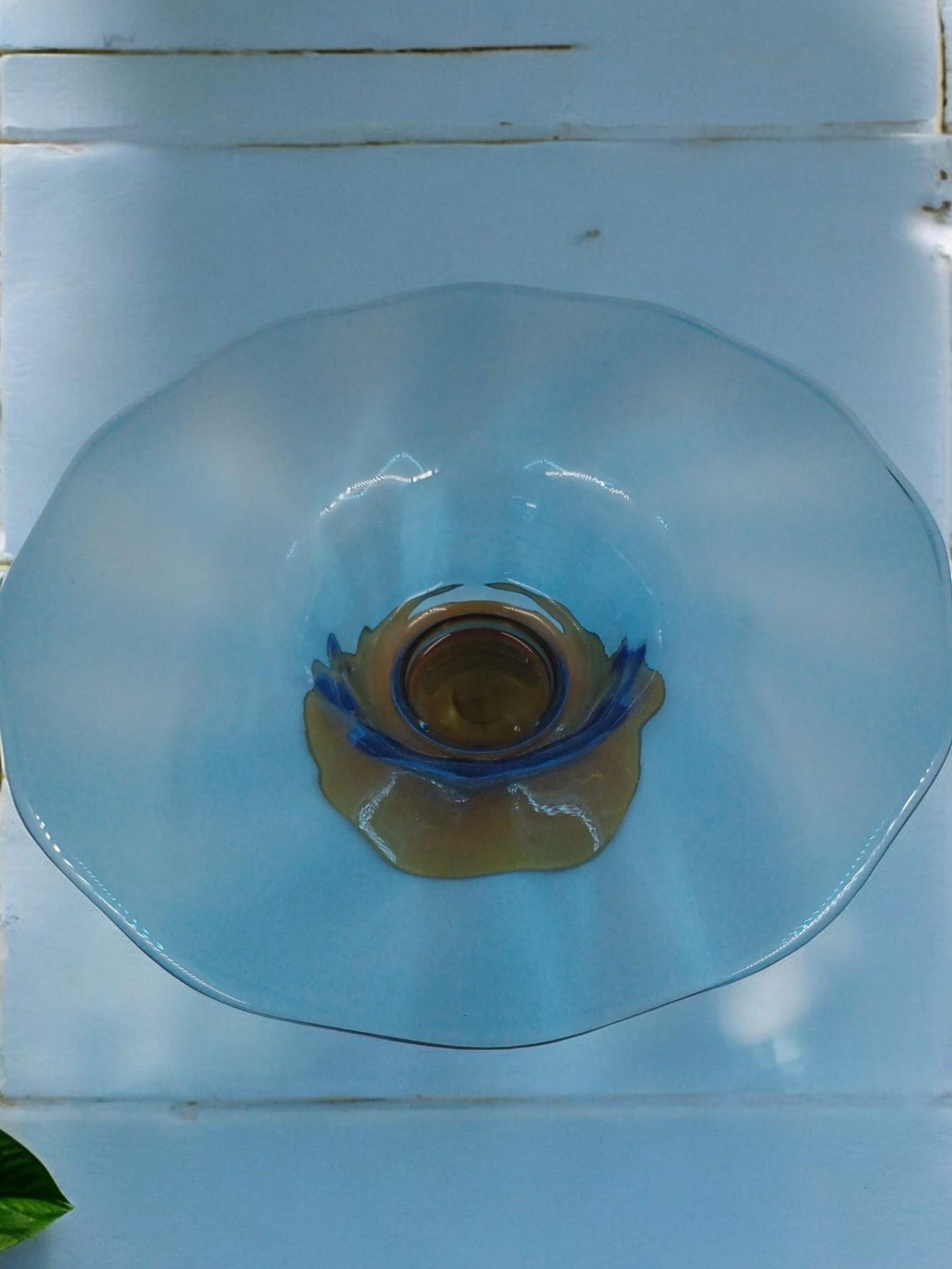 Vintage Blenko Azure/topaz Glass Footed Console Bowl 5.5t X 14l X 6.5W ...