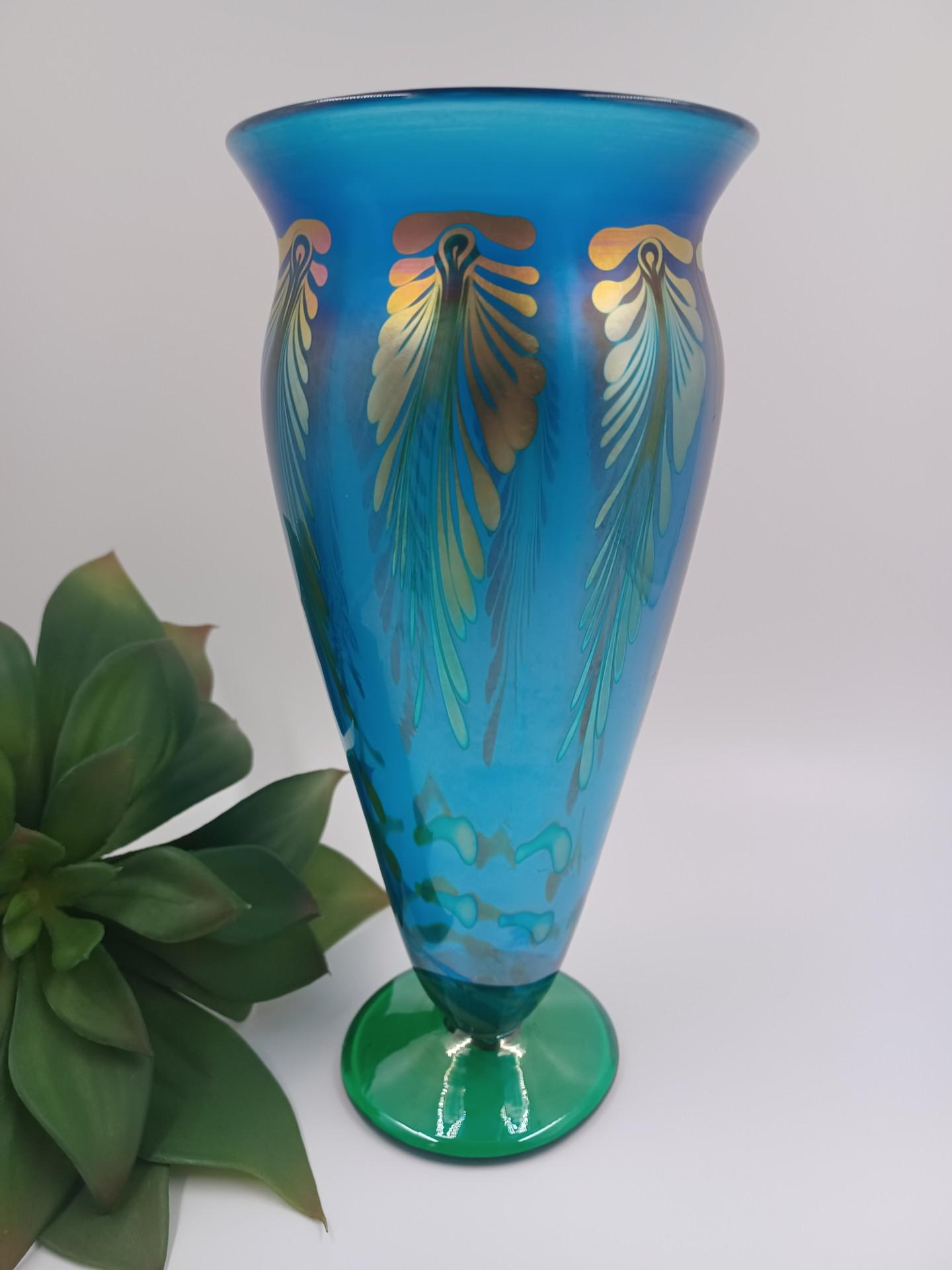 Vintage Blue & Green Iridescent Signed Rick Strini Glass Vase 10t X 4 ...