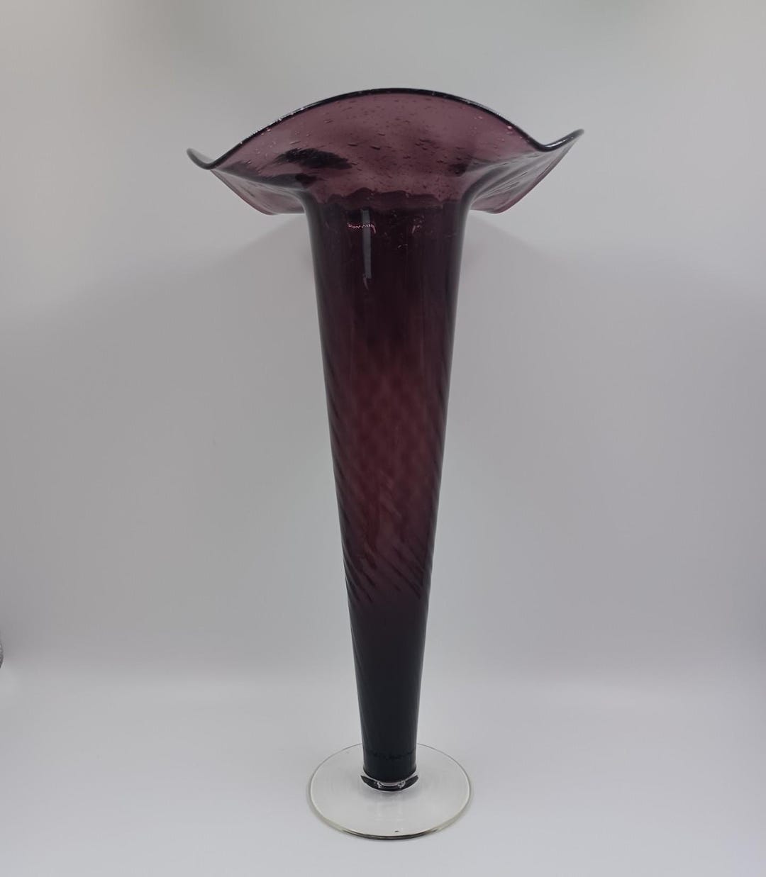 Vintage Hand Blown Glass Ruffle Top Optic Swirl Amethyst Vase - 15"t X ...