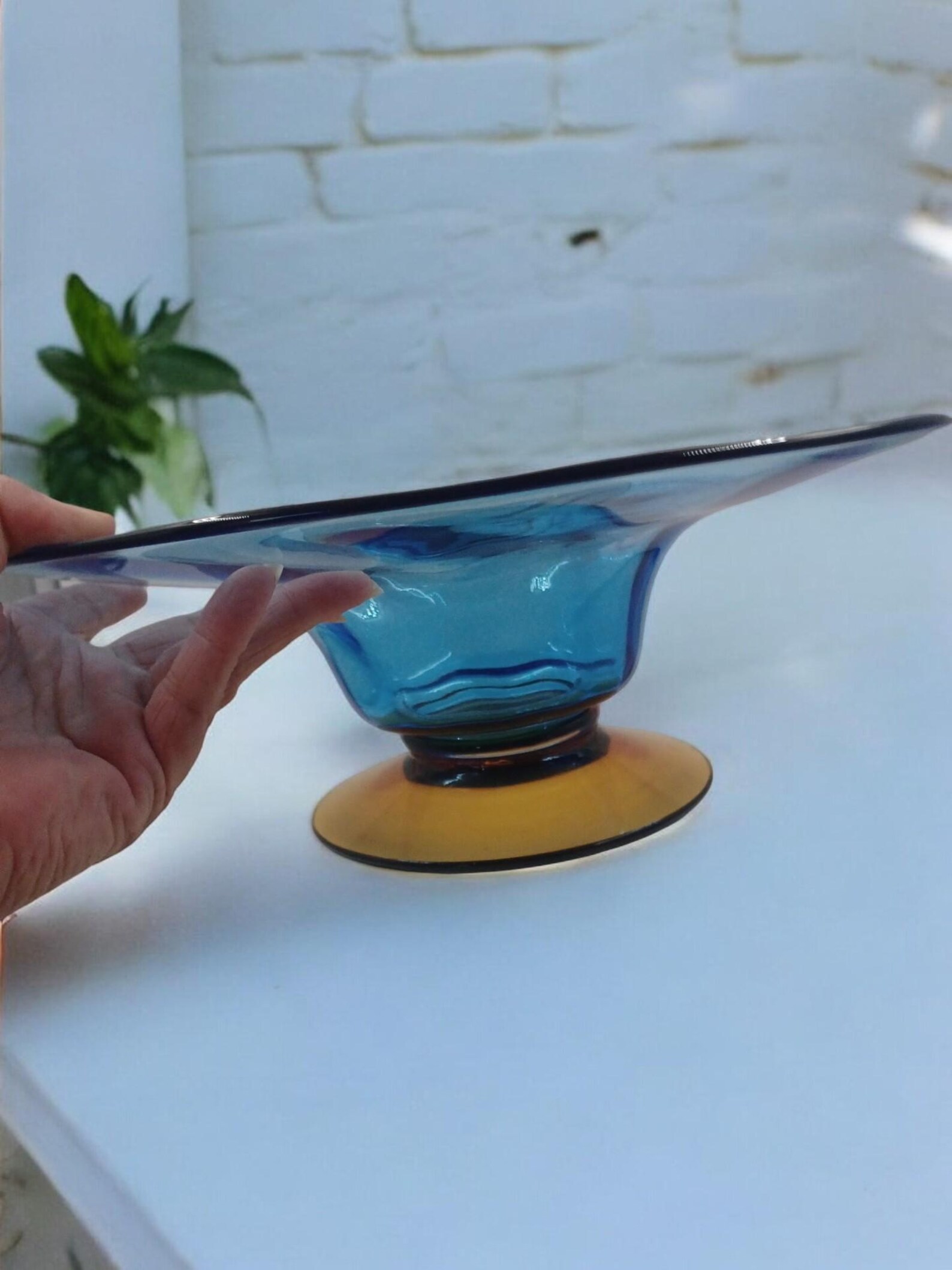 Vintage Blenko Azure/topaz Glass Footed Console Bowl 5.5t X 14l X 6.5W ...