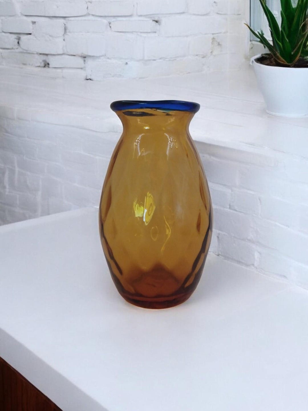 Vintage Blenko Glass Optic Pattern Vase - Topaz W/ Cobalt Rim - 10.5"t ...