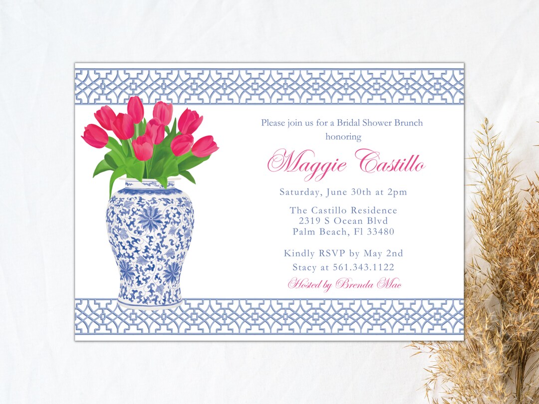 Ginger Jar Print Blue Tulips Invite Chinoiserie Template Bridal Shower ...