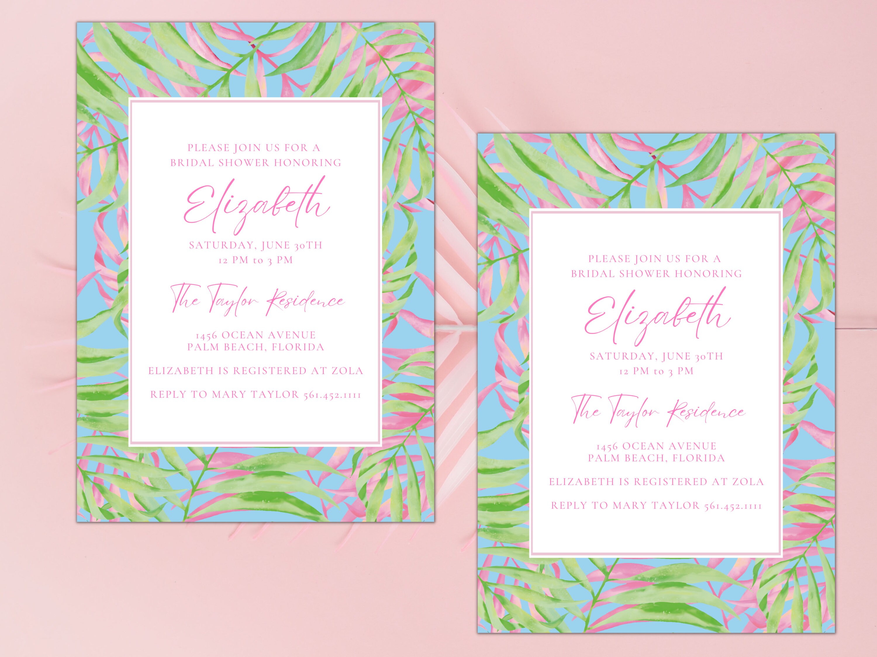 Preppy Coastal Invitation Pink Green Blue Tropical Palm Leaves ...