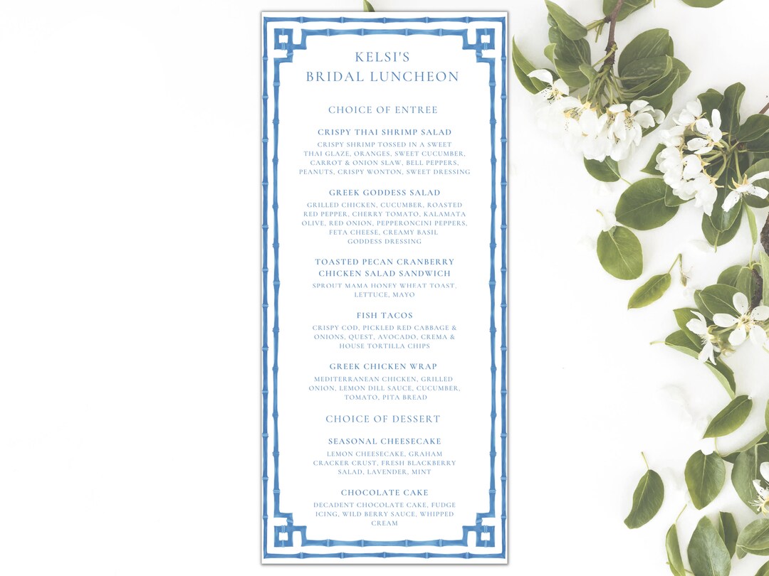 Custom Grandmillennial Blue Bamboo Bridal Luncheon Menu Rehearsal ...