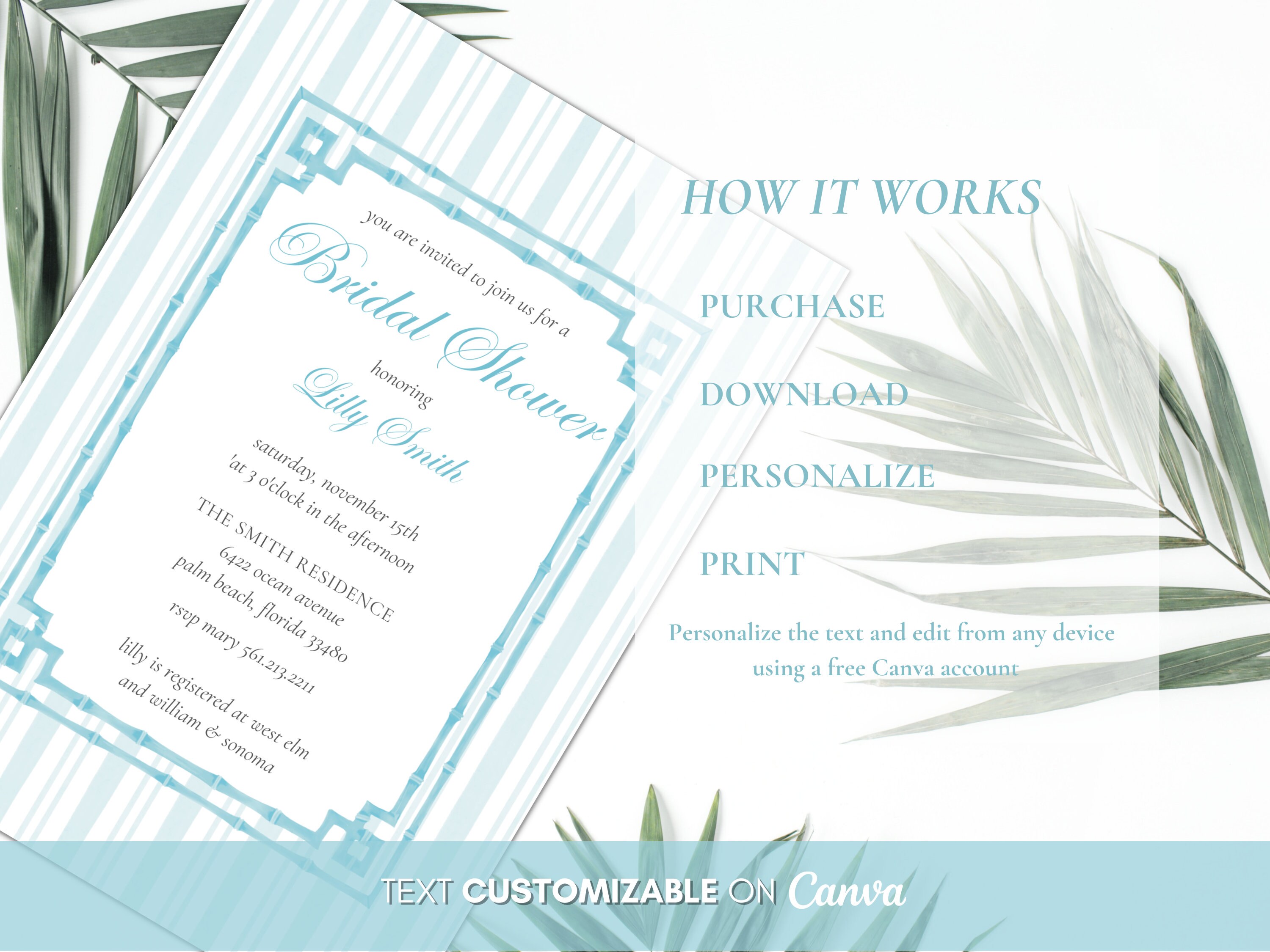 Preppy Invitation Stripes Blue Grandmillennial Bamboo Invite Palm Beach ...