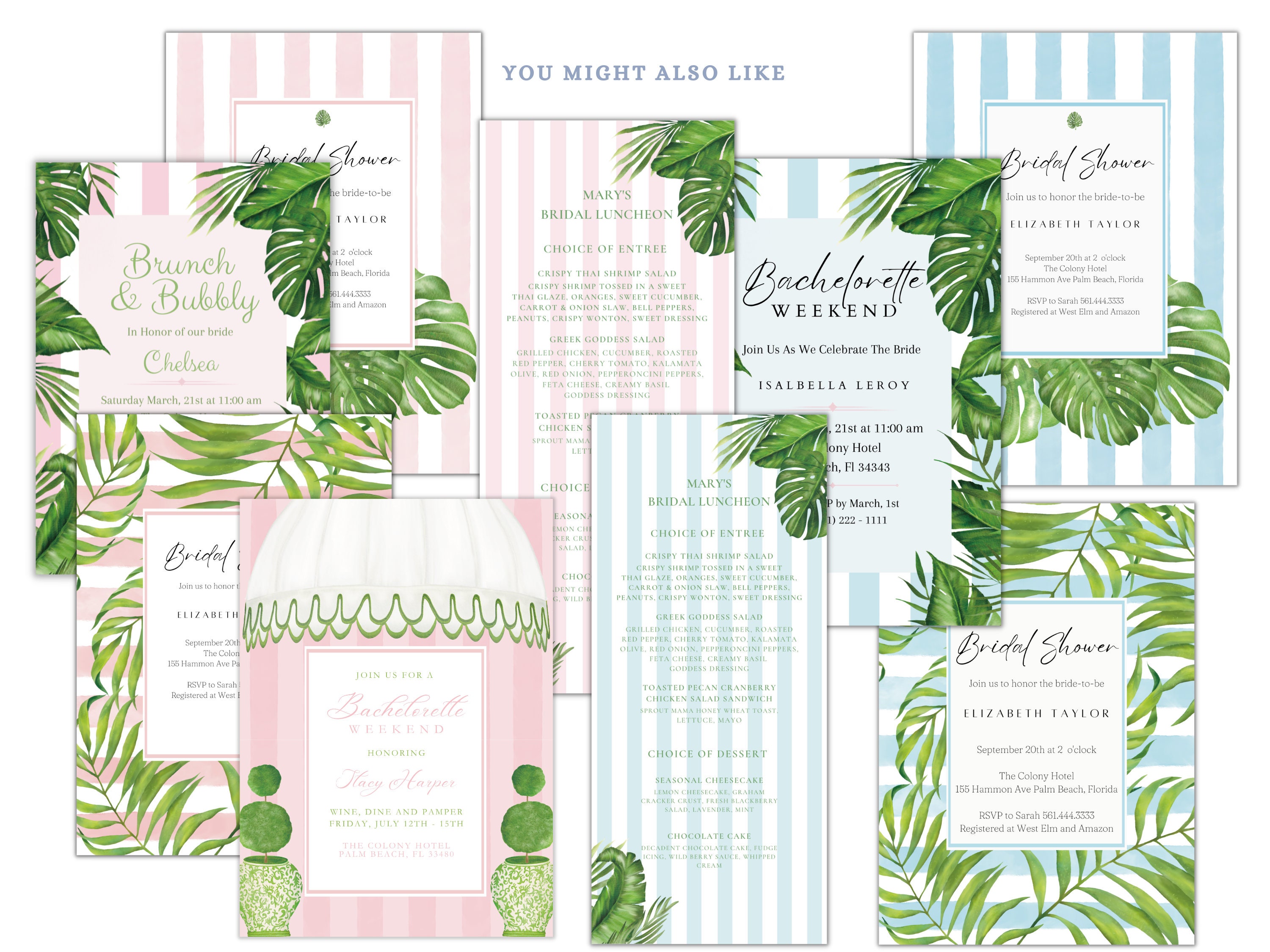 Tropical Striped Pink Bridal Palm Leaves Printable Invitation | Palm ...