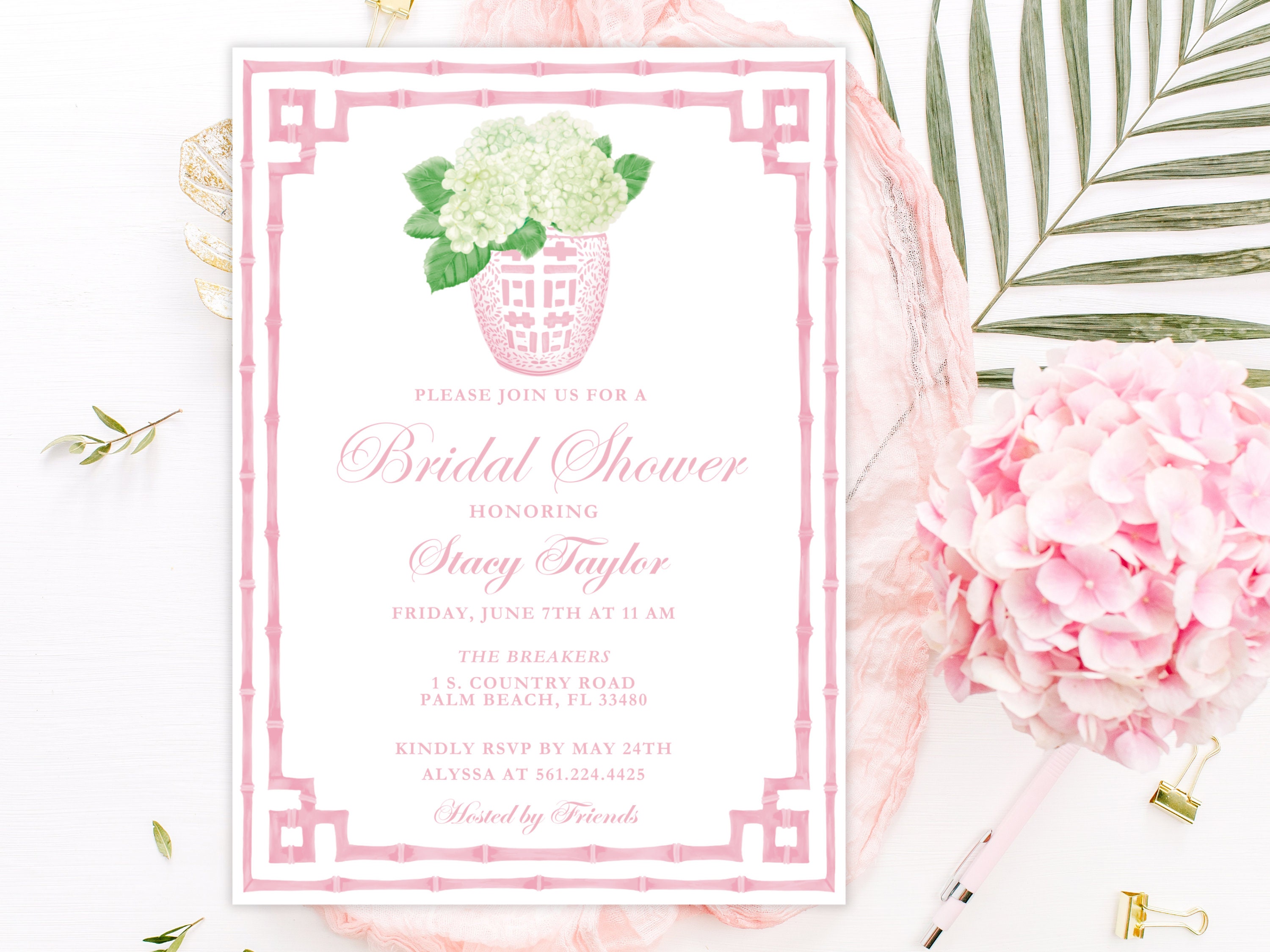 Ginger Jar Pink Bamboo Invitation Elegant Party Invite Floral Printable ...