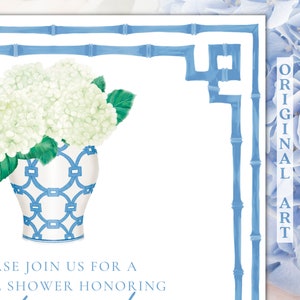 Grandmillennial Blue Ginger Jar and Bamboo Border With White Hydrangea ...