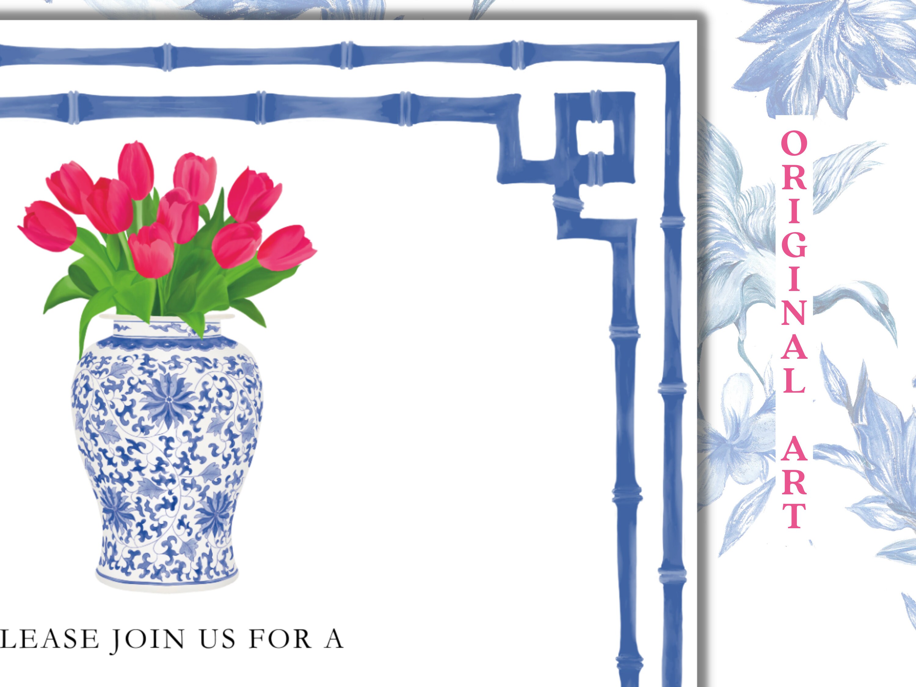 Chinoiserie Blue Ginger Jar and Bamboo Border With Pink Tulip - Etsy