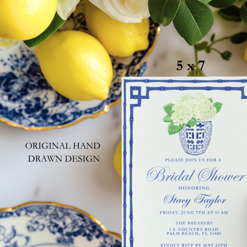 Grandmillennial Blue Ginger Jar and Navy Bamboo Border With White ...