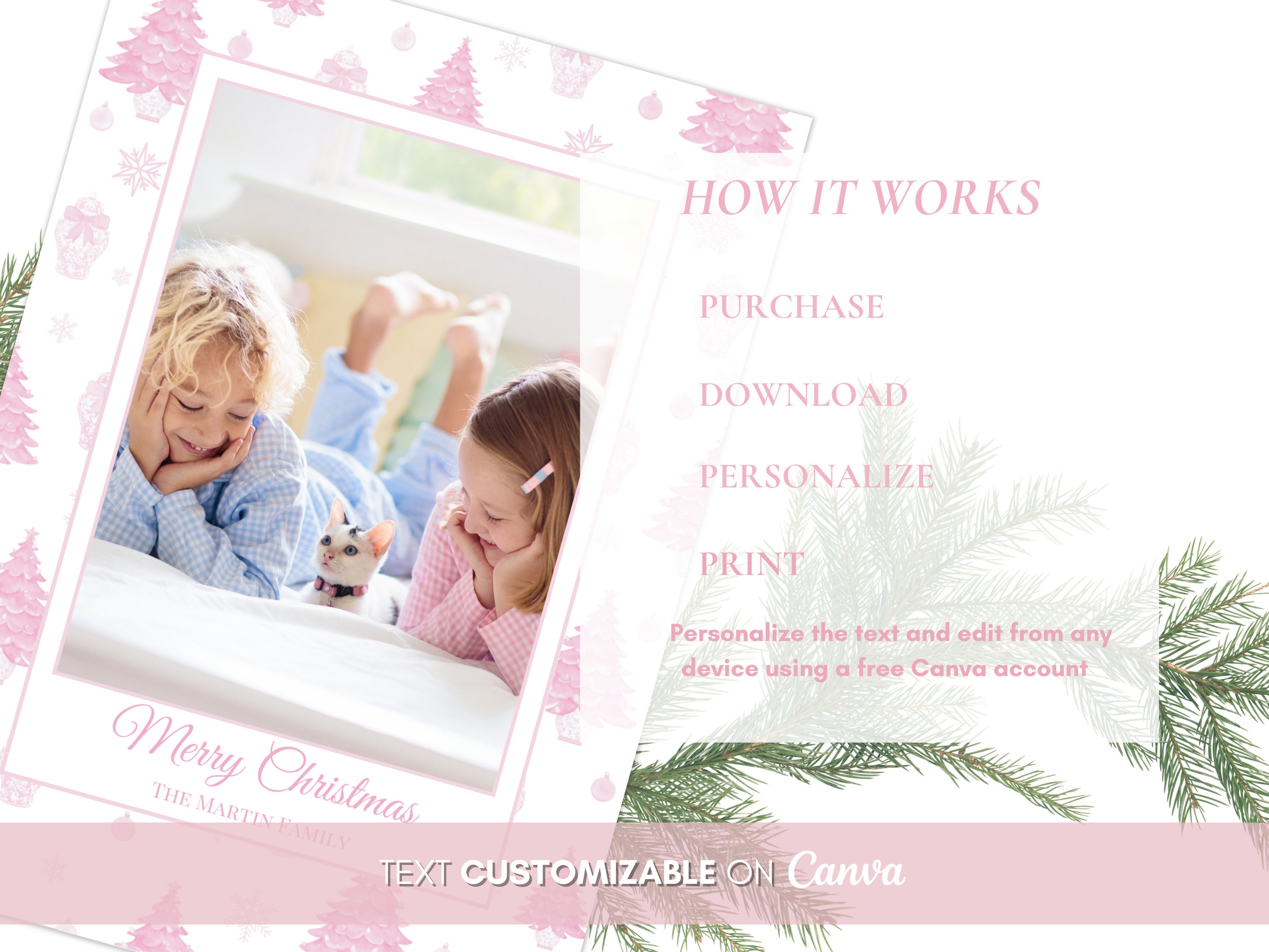 Pink Christmas Grandmillenial Template Holiday Card Printable Baby Pink ...