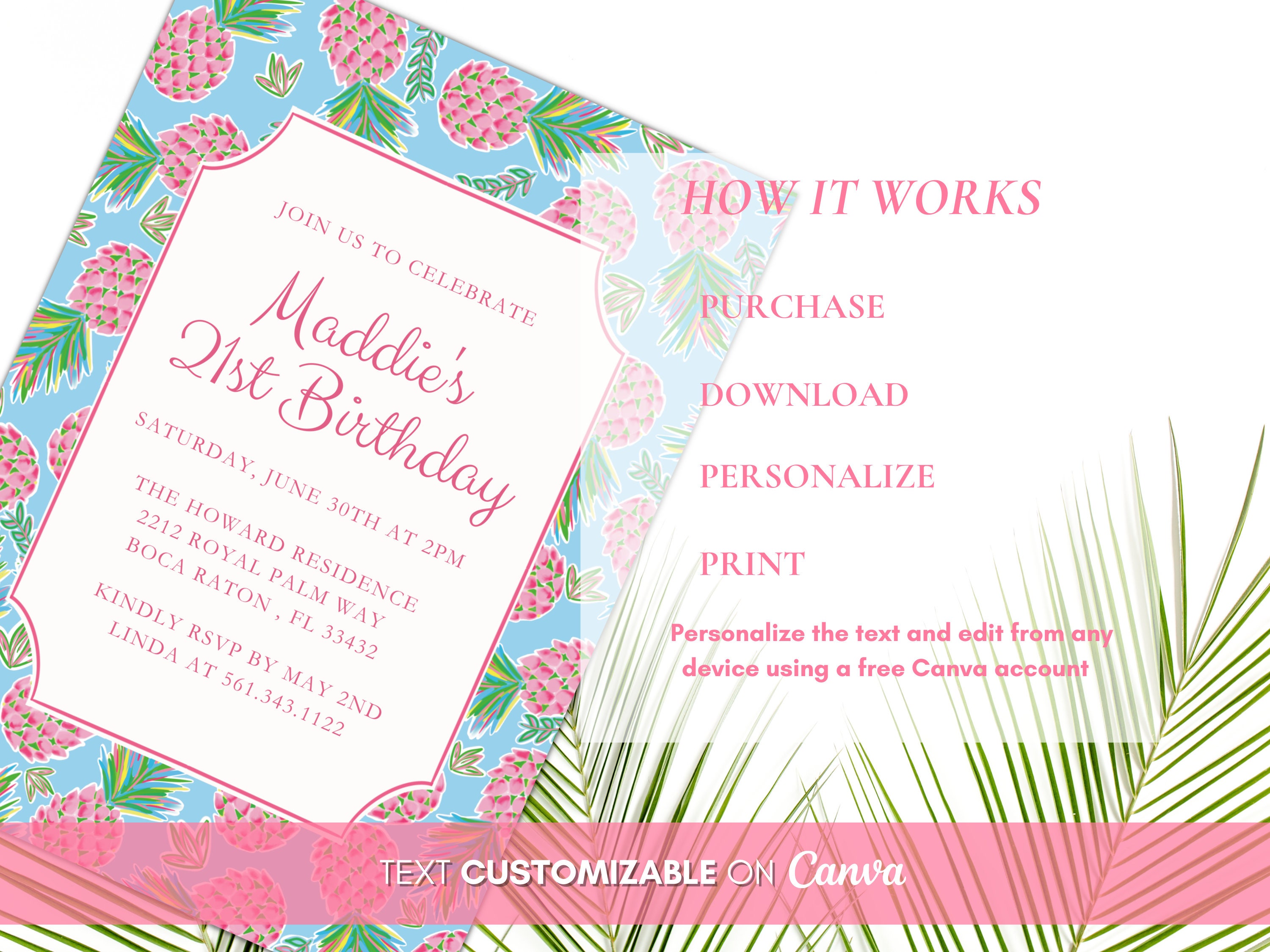 Preppy Invitation Pineapple Invitation Pink Blue Tropical Pineapple ...