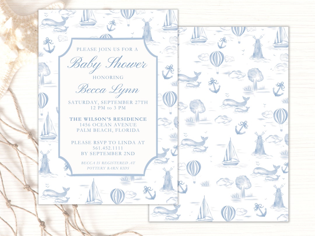 Nautical Boy Invitation Grand Millennial Blue Shower Boat Blue Toile ...