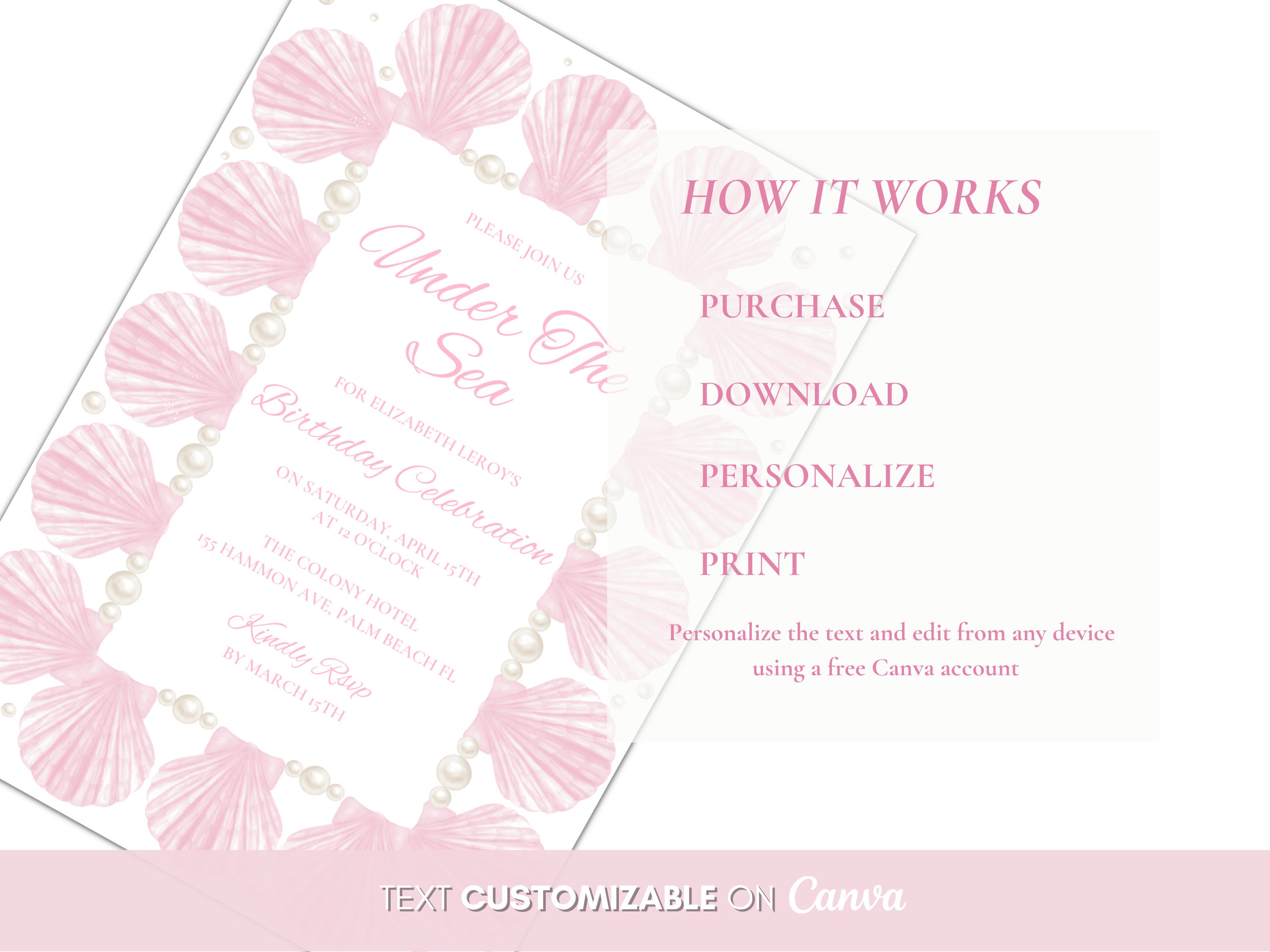Pink Beach Invitation Seashells Birthday Invitation Shell and Pearls ...