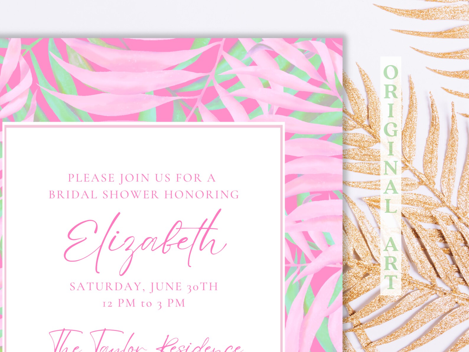Preppy Pink and Green Tropical Palm Leaves Printable Invitation, Bridal ...