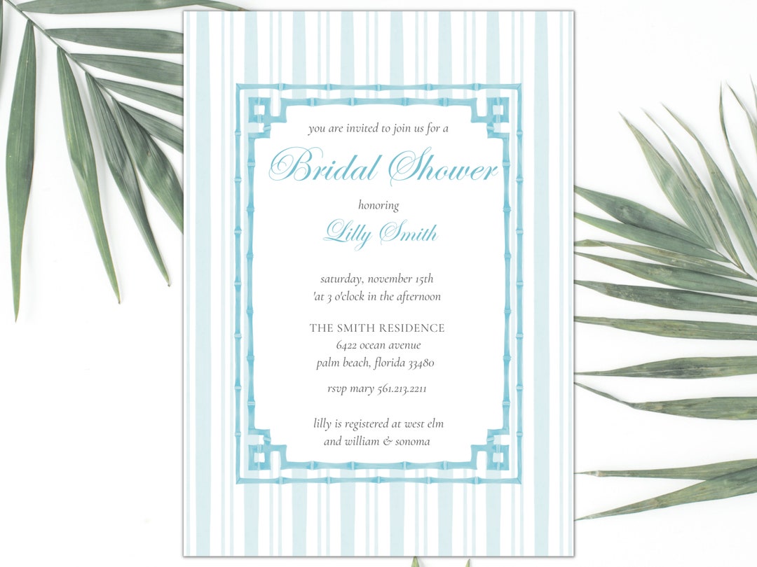 Preppy Invitation Stripes Blue Grandmillennial Bamboo Invite Palm Beach ...