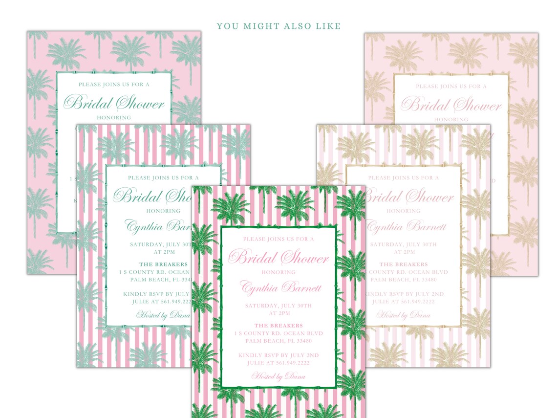 Tropical Striped Pink Bridal Palm Leaves Printable Invitation - Etsy