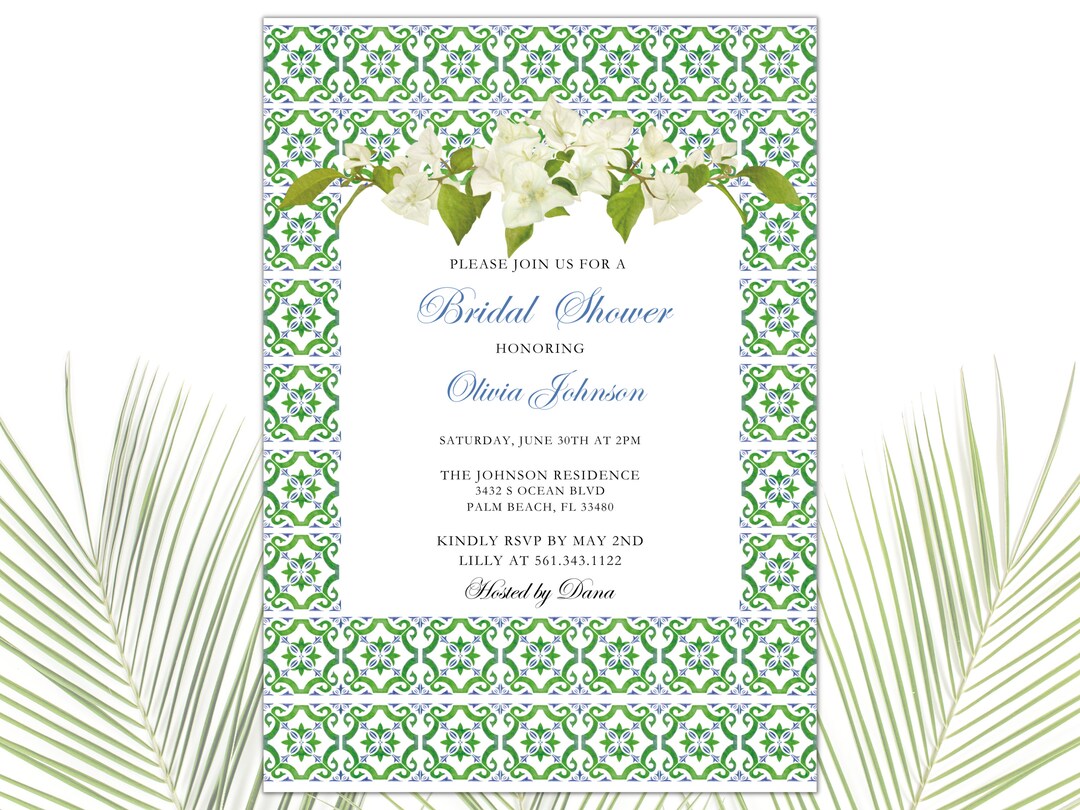 Greek Tile Invitation Green Bougainvillea Greece Invitation Editable ...