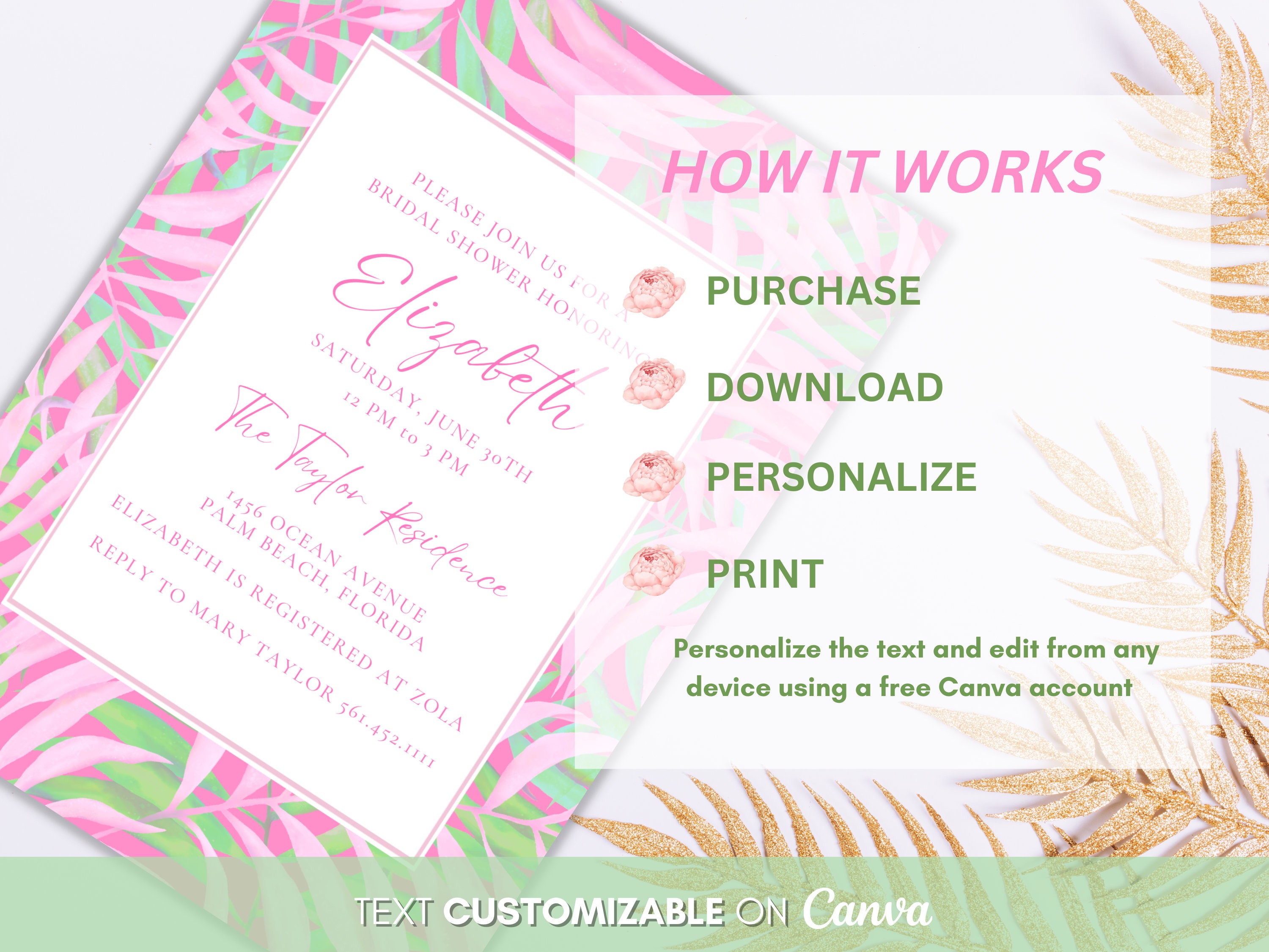 Preppy Pink and Green Tropical Palm Leaves Printable Invitation, Bridal ...