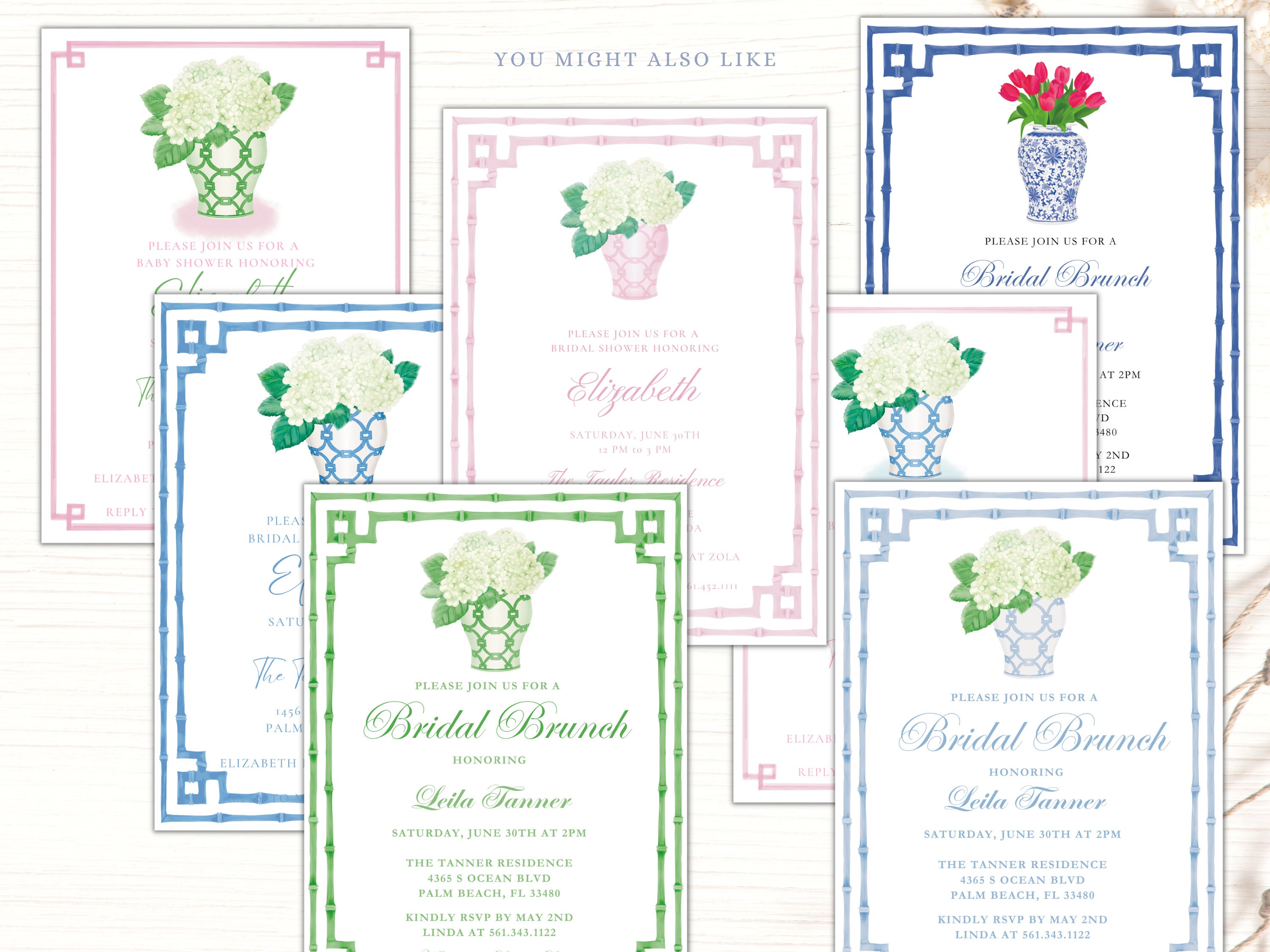 Ginger Jar Pink Bamboo Invitation Elegant Party Invite Floral Printable ...