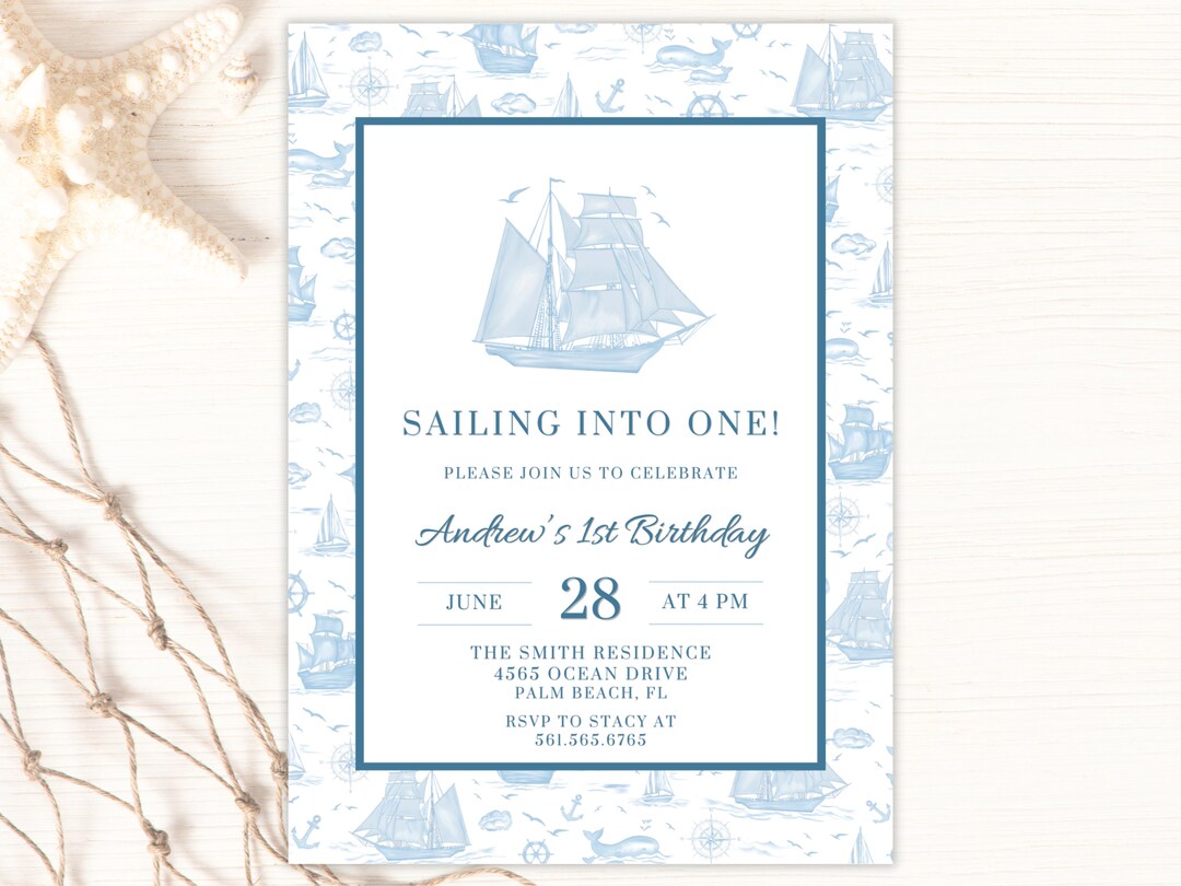 Nautical Ships Invitation Grand Millennial Blue Shower Vintage Ships ...