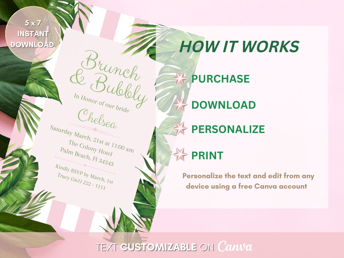 Tropical Striped Pink Bridal Palm Leaves Printable Invitation - Etsy