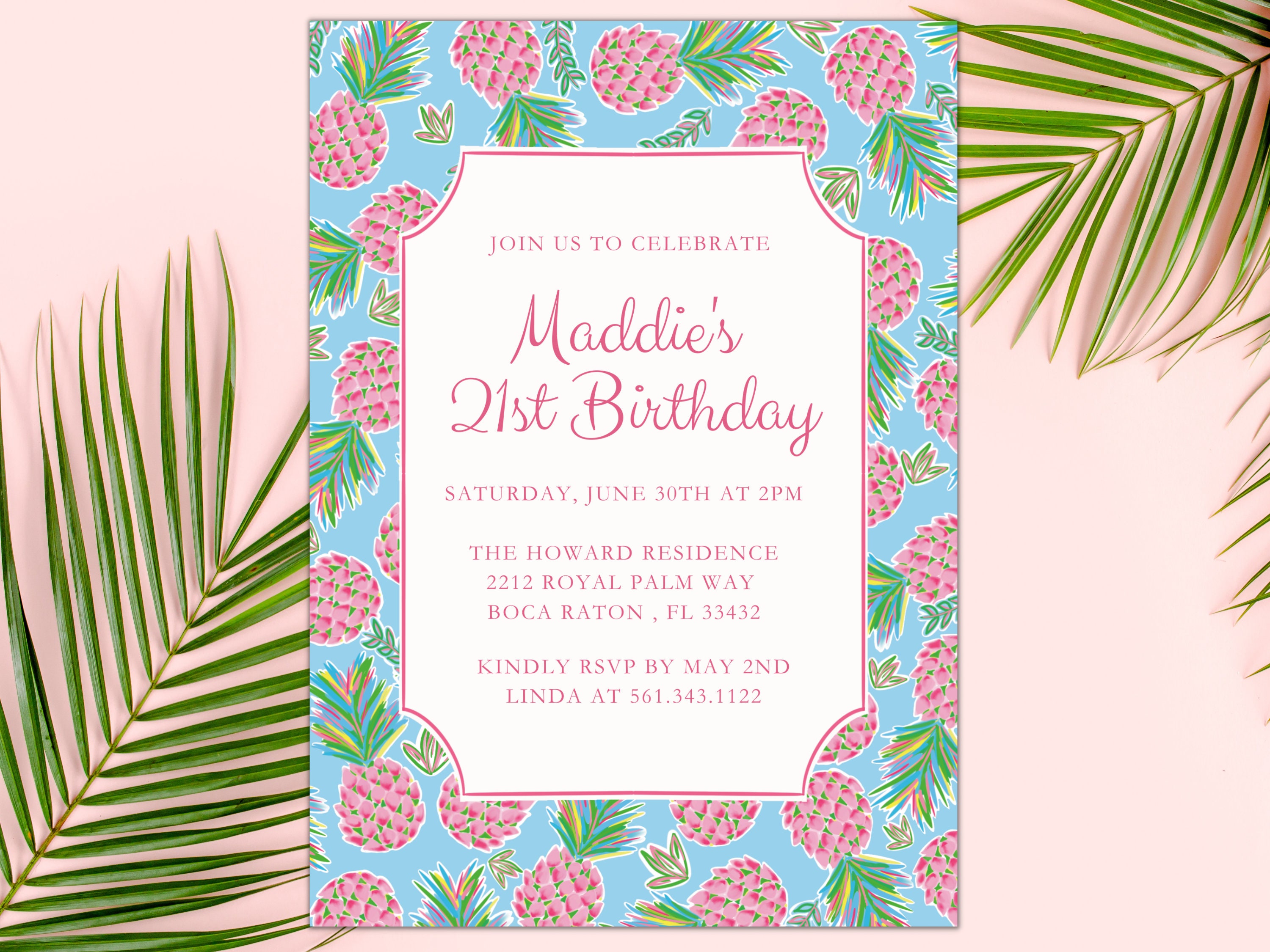 Preppy Invitation Pineapple Invitation Pink Blue Tropical Pineapple ...