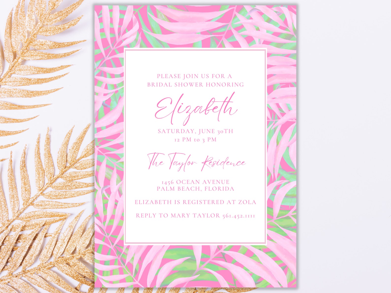 Preppy Pink and Green Tropical Palm Leaves Printable Invitation, Bridal ...