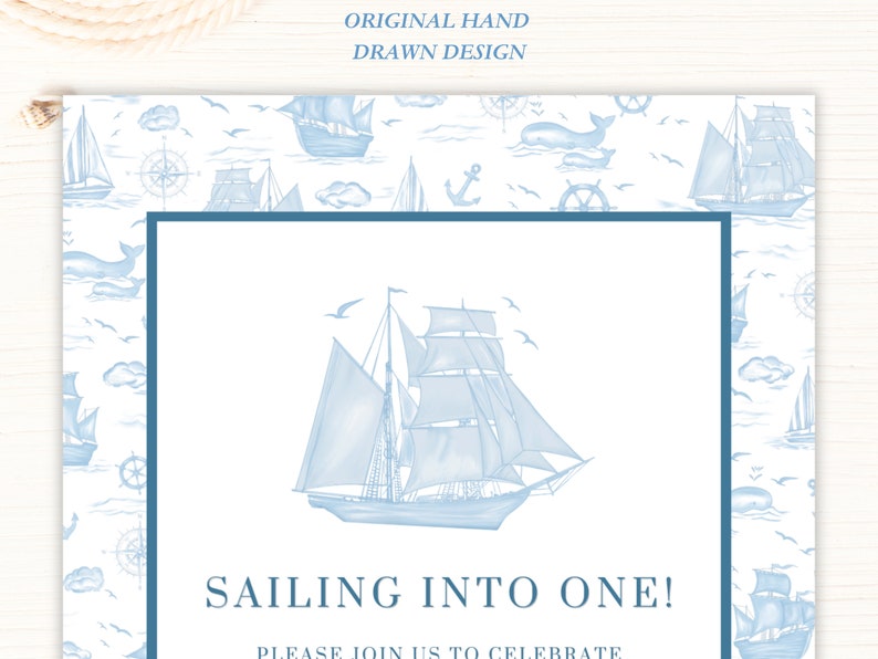 Nautical Ships Invitation Grand Millennial Blue Shower Vintage Ships ...