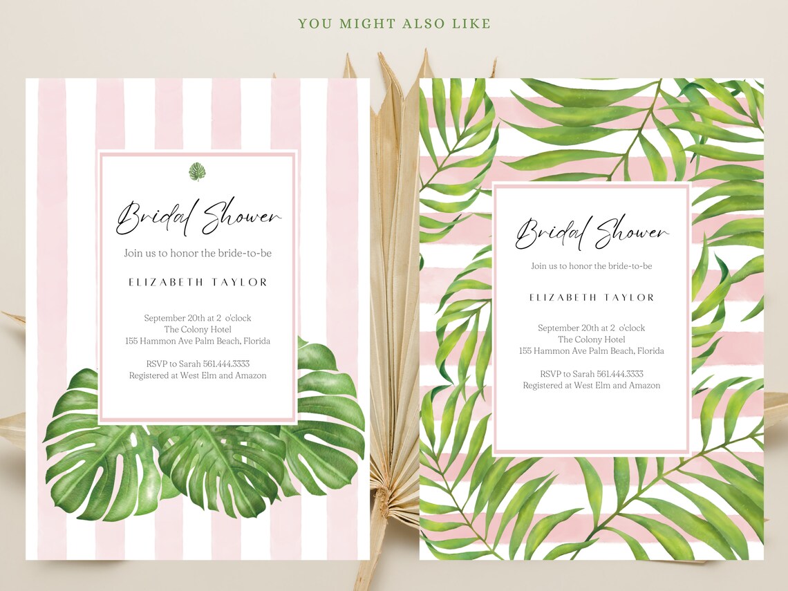 Tropical Striped Pink Bridal Palm Leaves Printable Invitation - Etsy