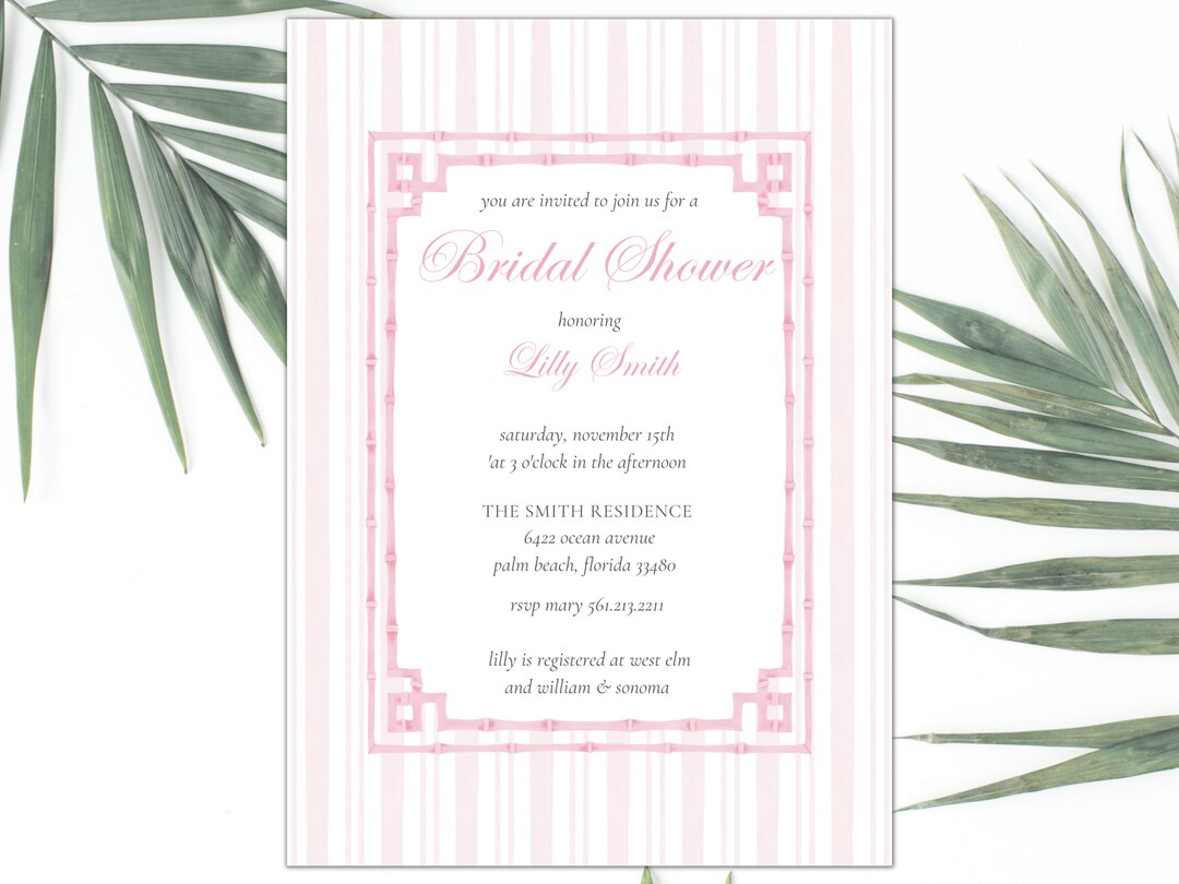Pink Preppy Invitation Bamboo Pink Stripes Party Grandmillennial Bamboo ...