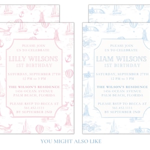 Nautical Boy Invitation Grand Millennial Blue Shower Boat Blue Toile ...